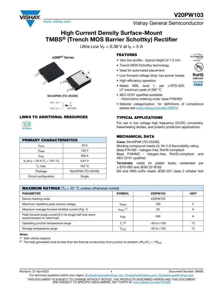 V20PW103 datasheet page 1