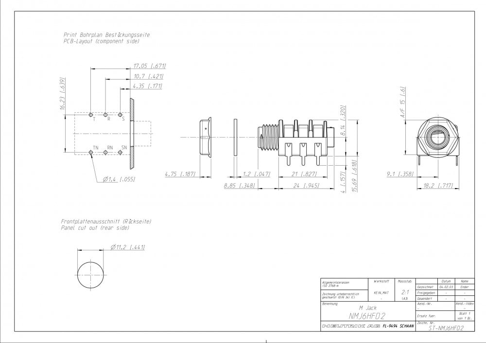 Neutrik NMJ6HFD2 engineering drawing and panel cut-out