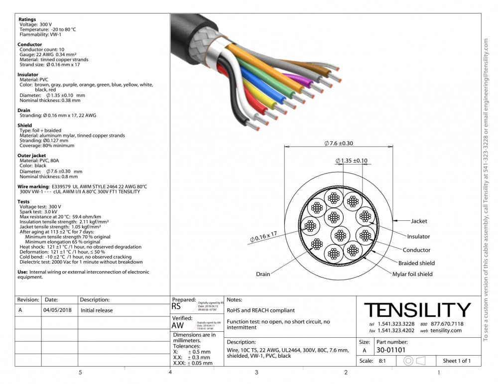 Tensility International 30-01101 cable product drawing and specification