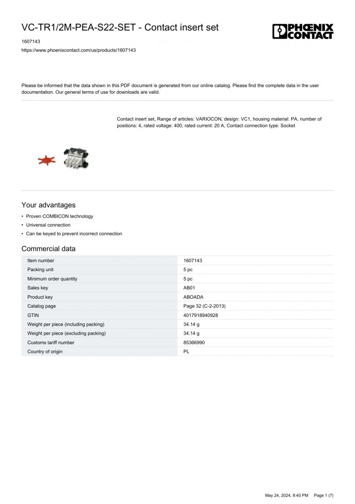 Phoenix Contact 1607143 technical document page 1