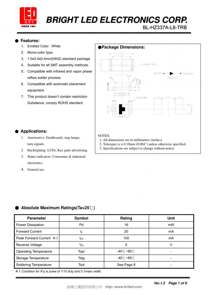 BL-HZ337A-L8-TRB datasheet page 1