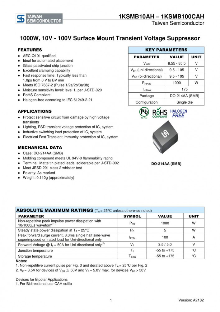 1KSMB12CAH datasheet page 1