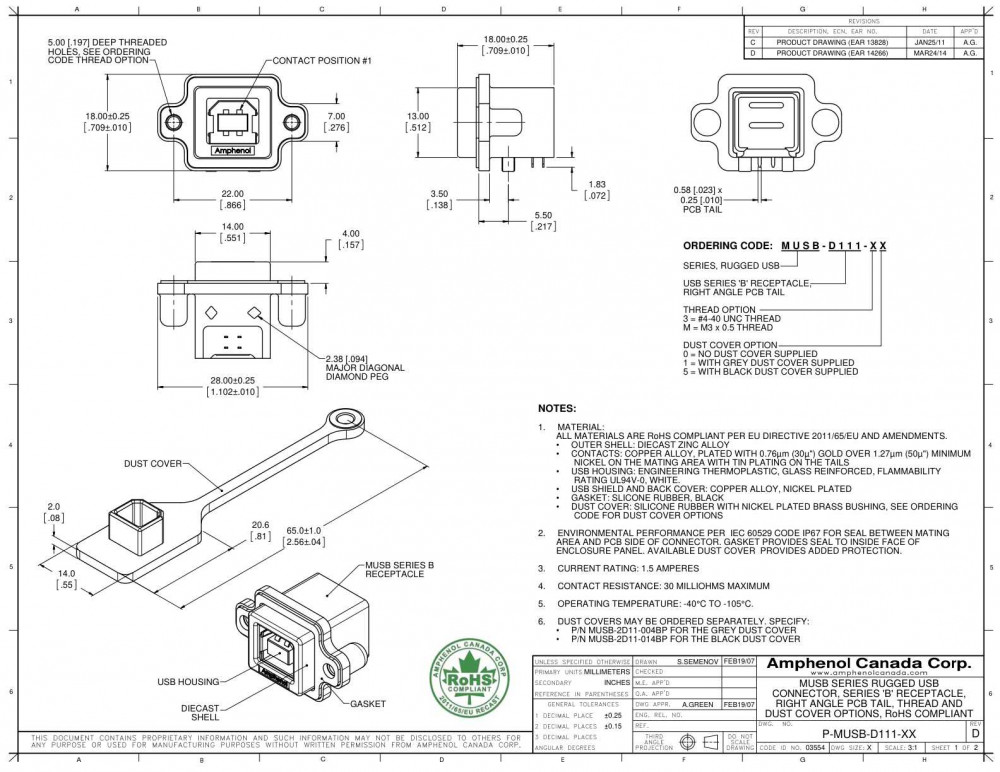 Amphenol MUSBD111M0 product drawing page 1