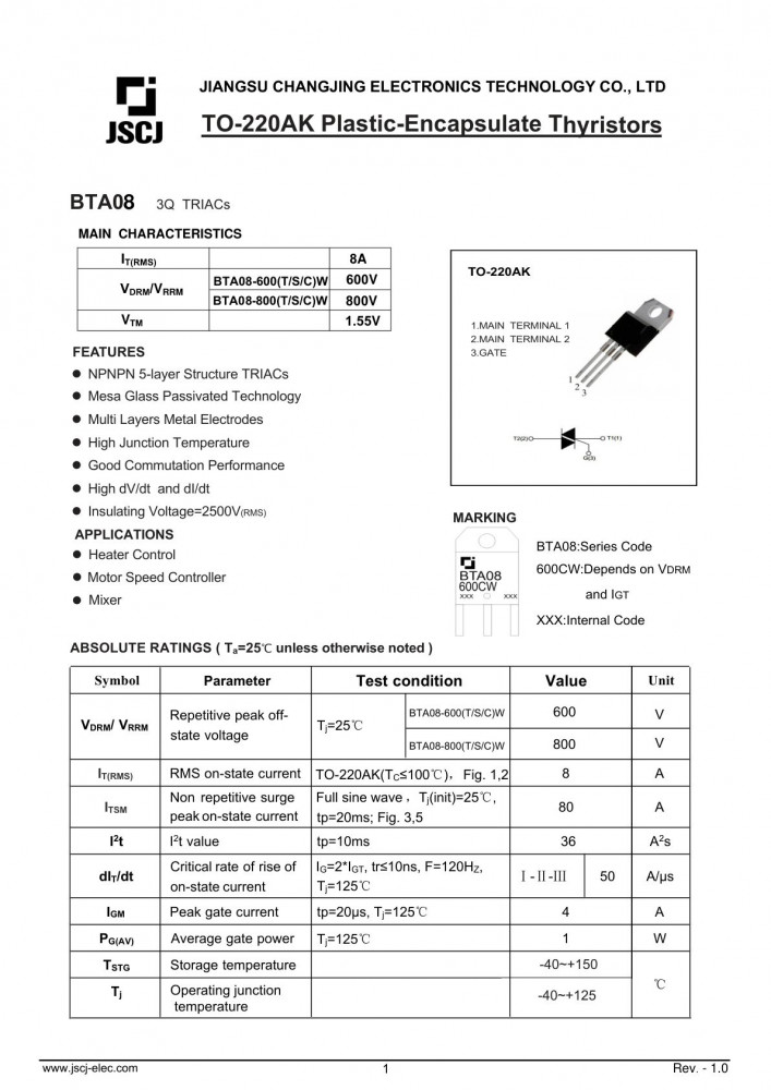 BTA08-800CW datasheet page 1