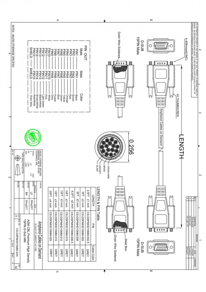Amphenol CS-DSPMHD15MM cable assembly drawing