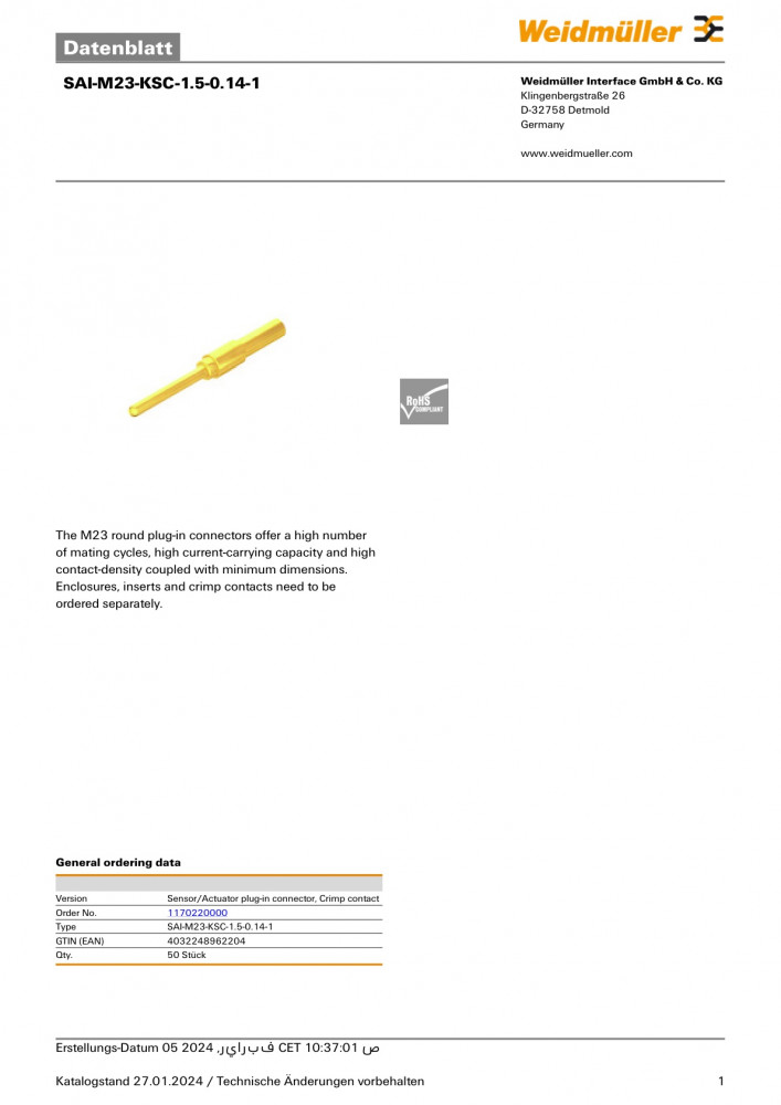 WEIDMULLER 1170220000 technical document page 1