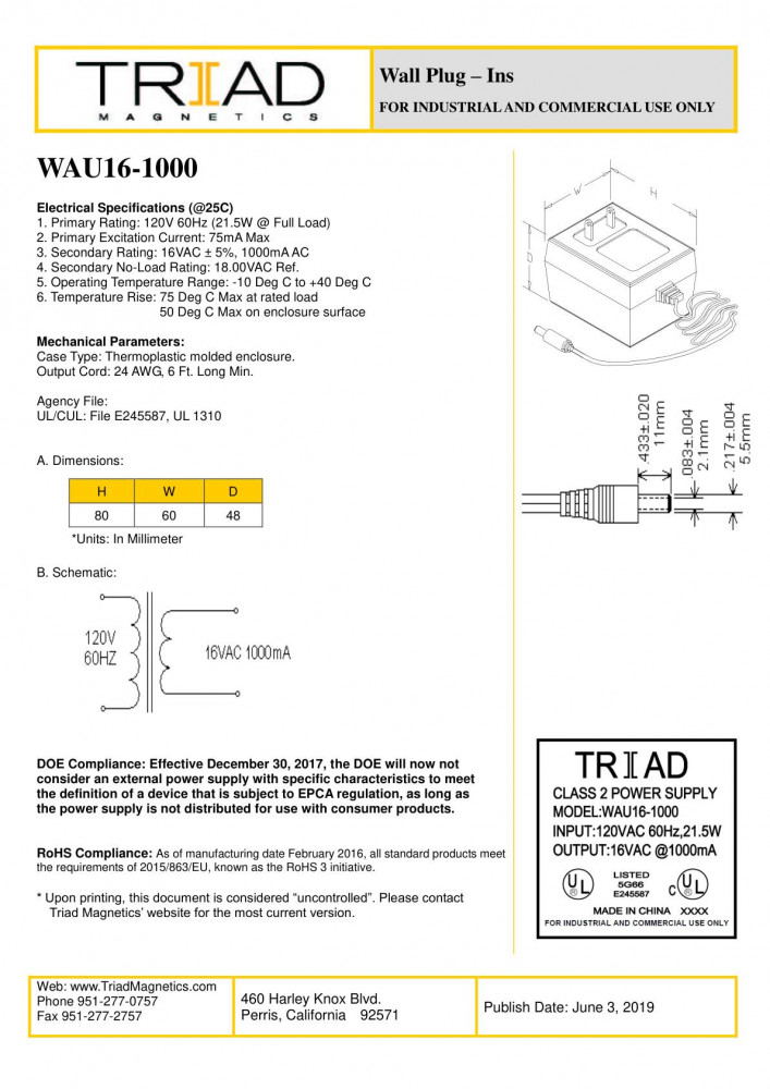WAU16-1000 technical document page