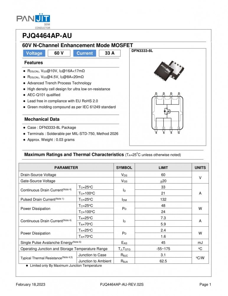 PJQ4464AP-AU datasheet page 1