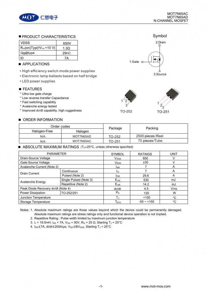 MOT7N65AD datasheet page 1