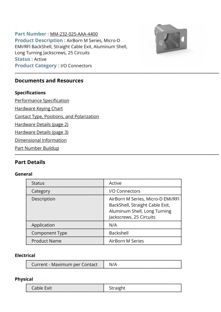 Technical document page 1 for MM-232-025-AAA-4400