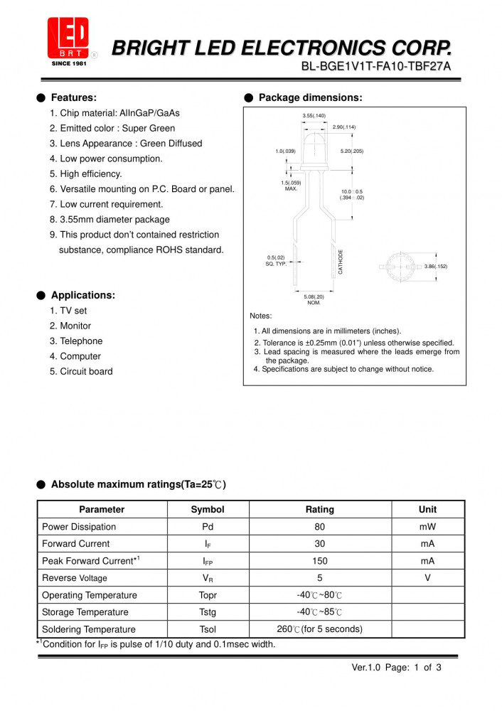 BL-BGE1V1T-FA10-TBF27A datasheet page 1