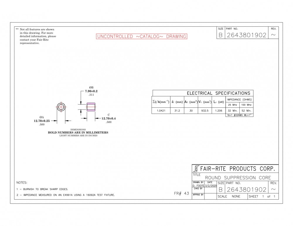Fair-Rite 2643801902 technical document preview