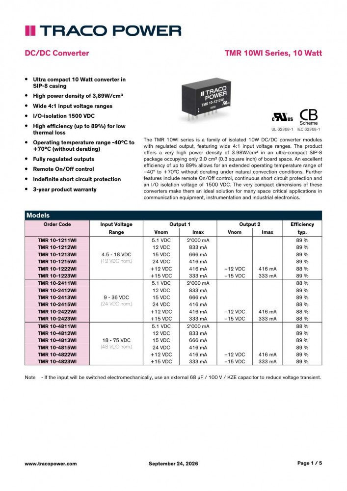 TMR 10WI datasheet page 1