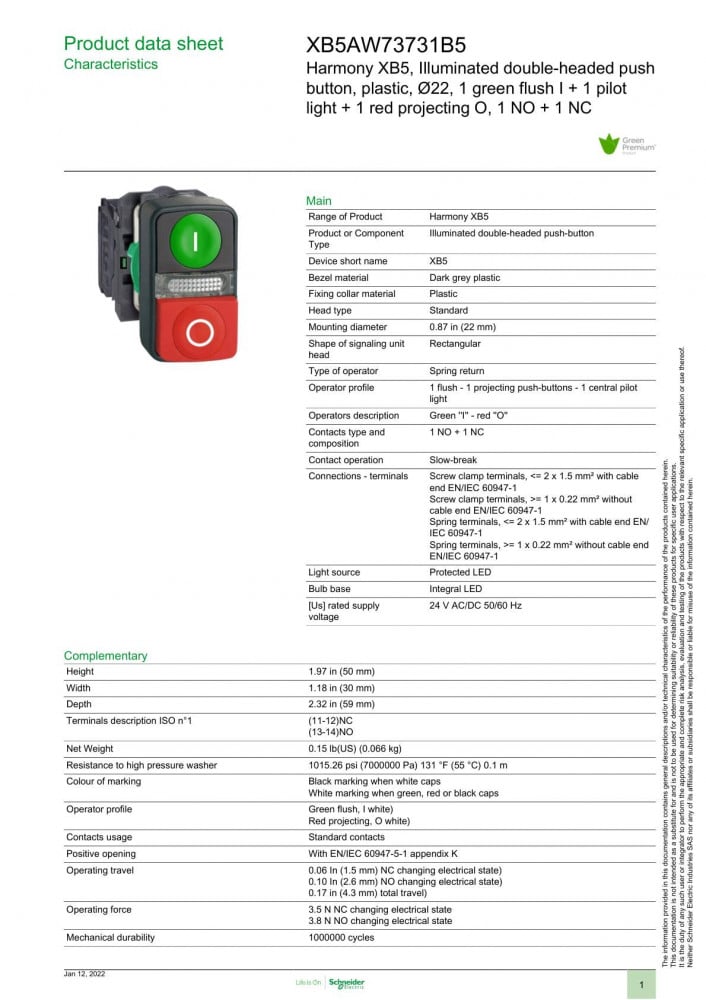 XB5AW73731B5 technical document page 1