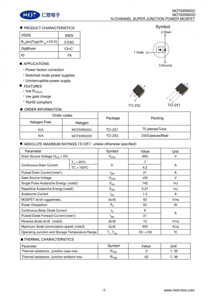 MOT65R600D datasheet page 1