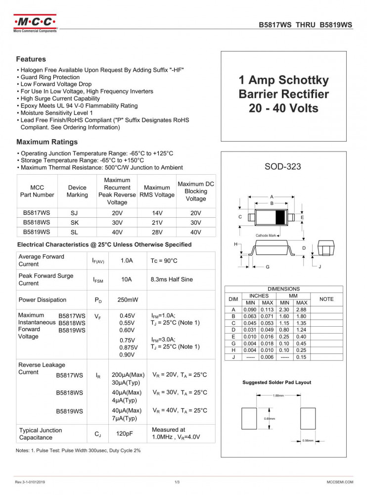 MCC B5819WS-TP datasheet page 1