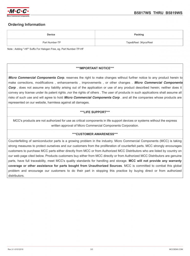 MCC B5819WS-TP datasheet page 3