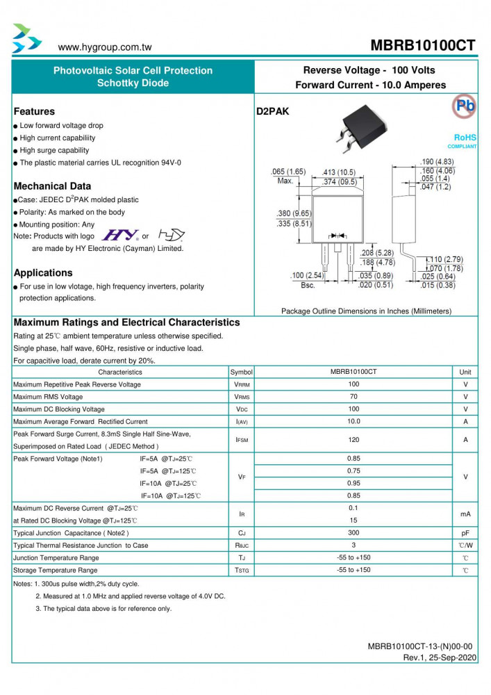 MBRB10100CT product datasheet image, page 1