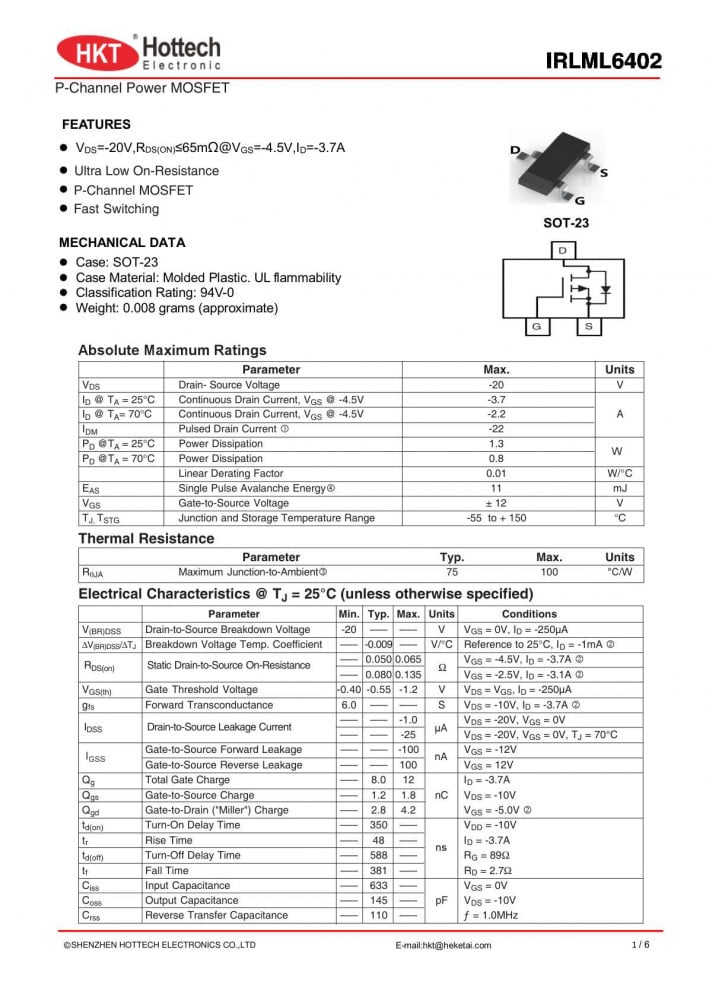 IRLML6402 datasheet page 1