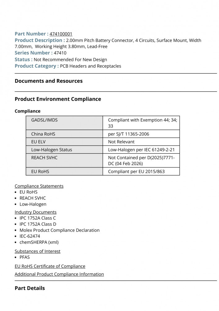 MOLEX 474100001 technical document page 1