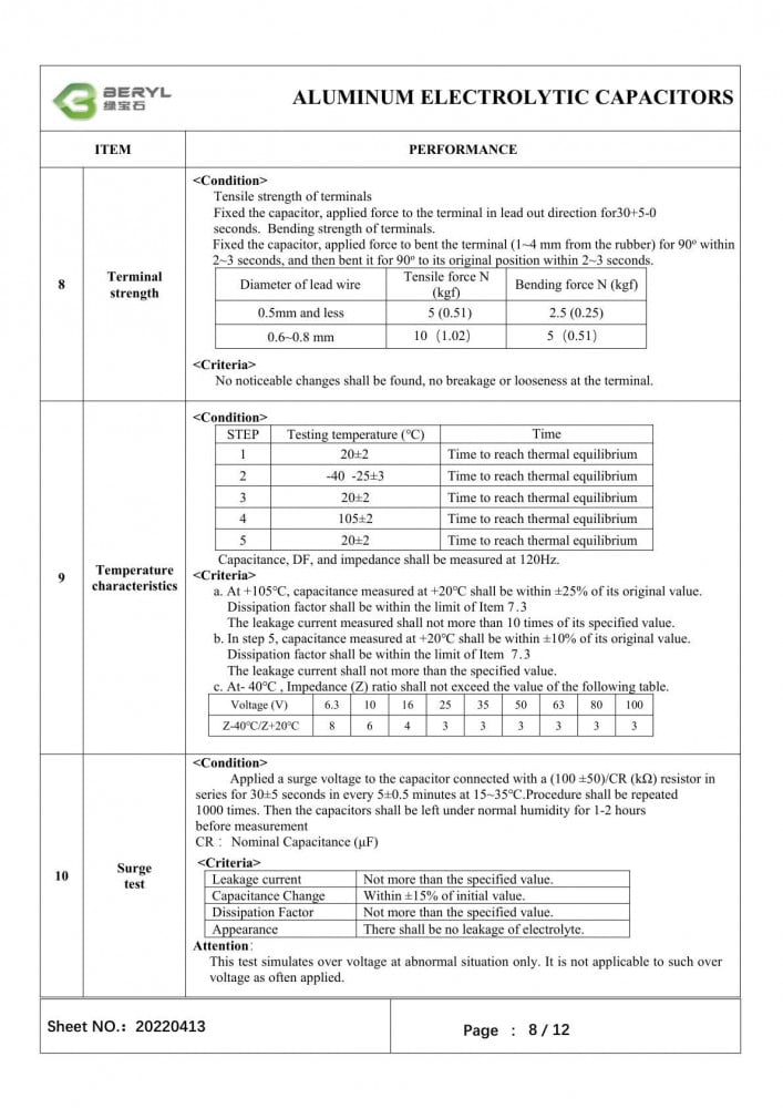 Specification sheet page 8