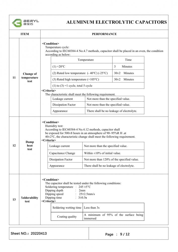 Specification sheet page 9