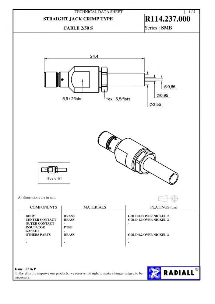 Radiall R114.237.000 technical data sheet, page 1