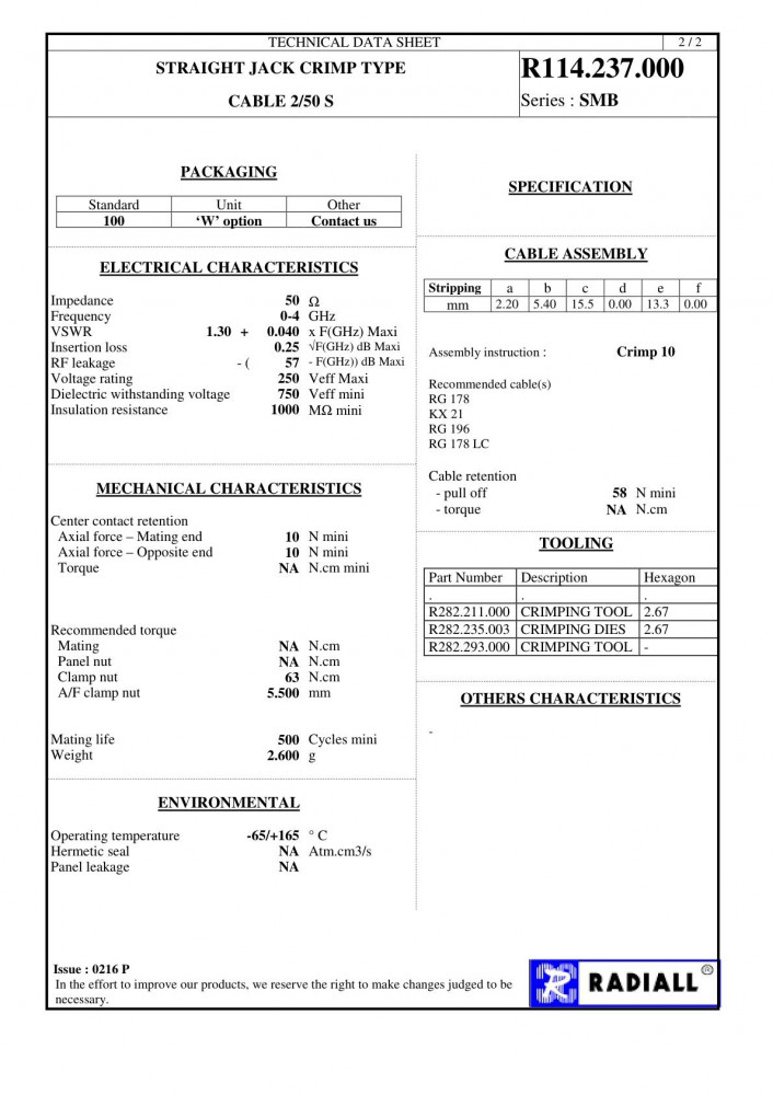 Radiall R114.237.000 technical data sheet, page 2