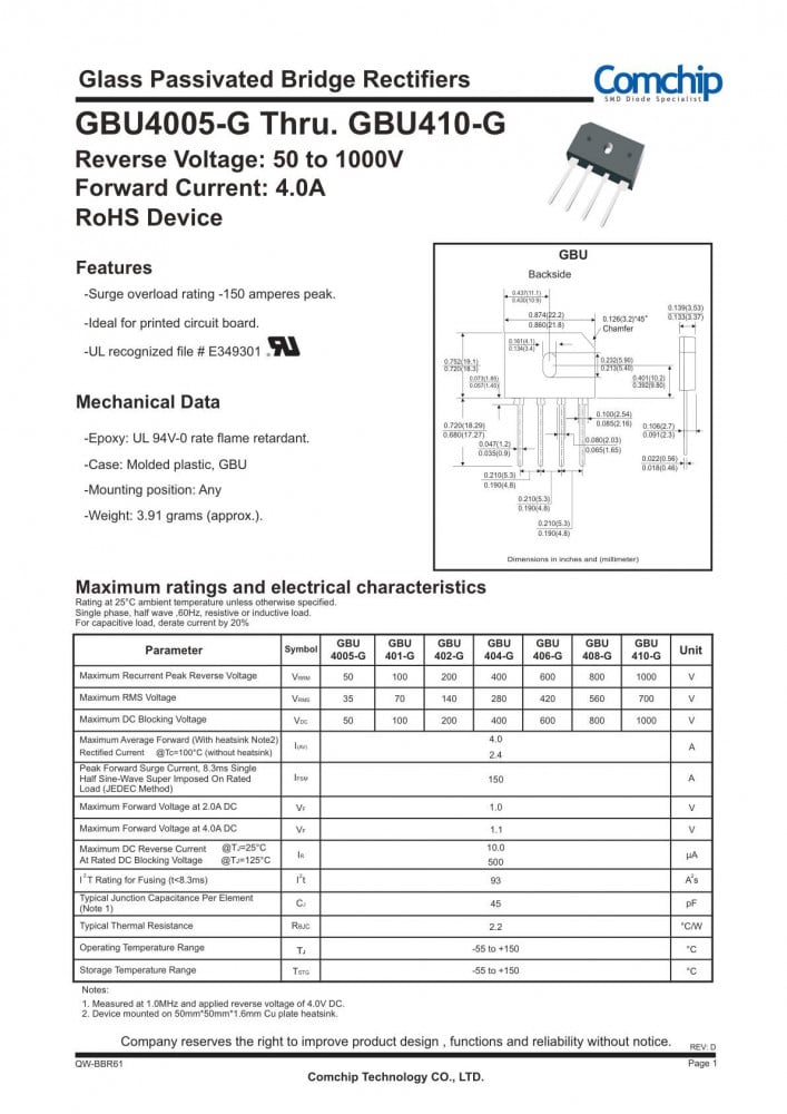 Comchip GBU402-G datasheet page 1