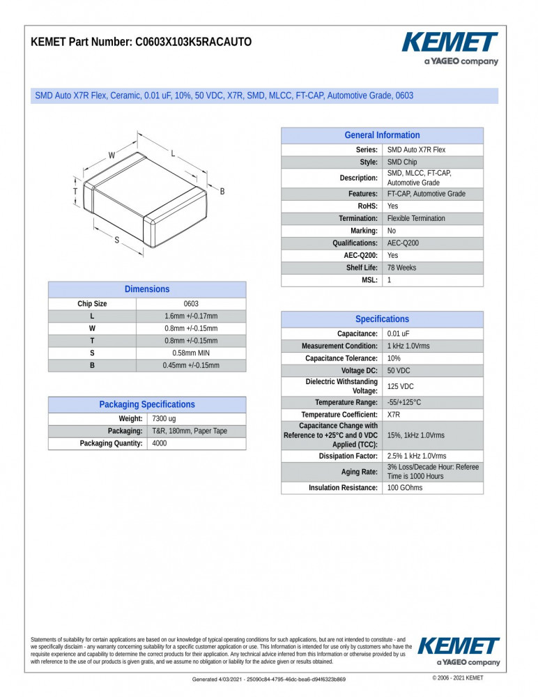 C0603X103K5RACAUTO technical document preview