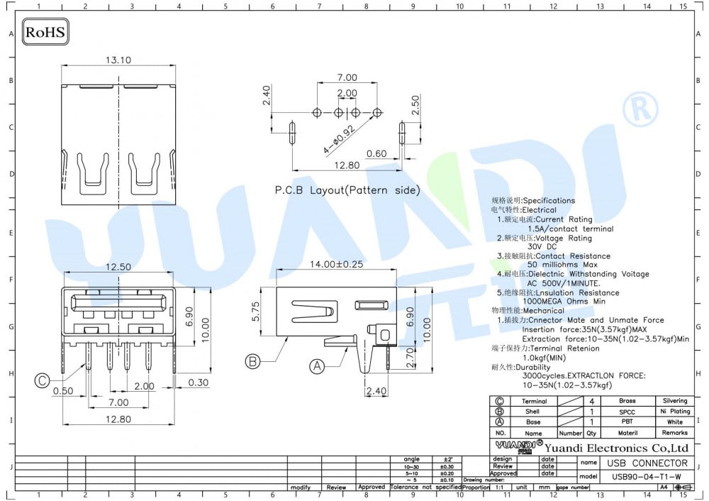 Yuandi USB90-04-T1-W technical drawing