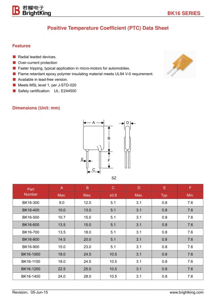 BK16 series datasheet page 1