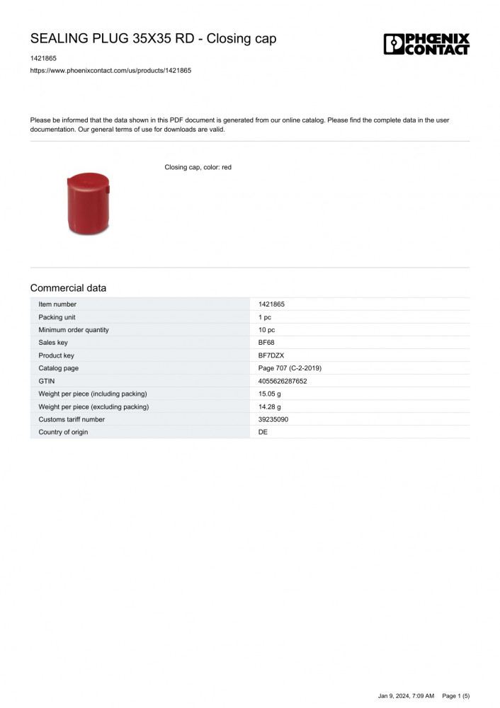 Phoenix Contact 1421865 product information page