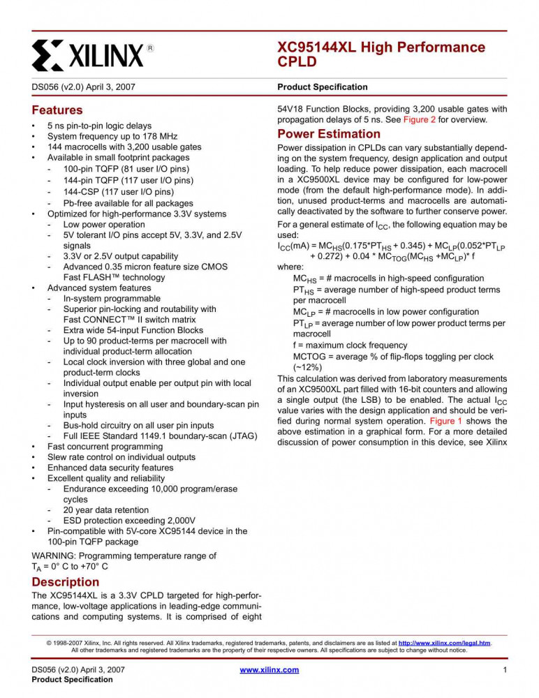 XC95144XL datasheet page 1