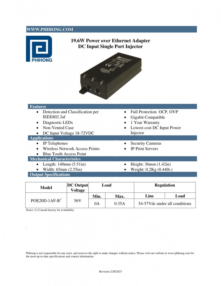POE20D-1AF technical document page 1