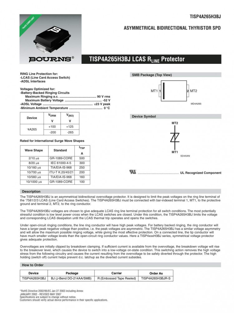 TISP4A265H3BJ technical document page 1