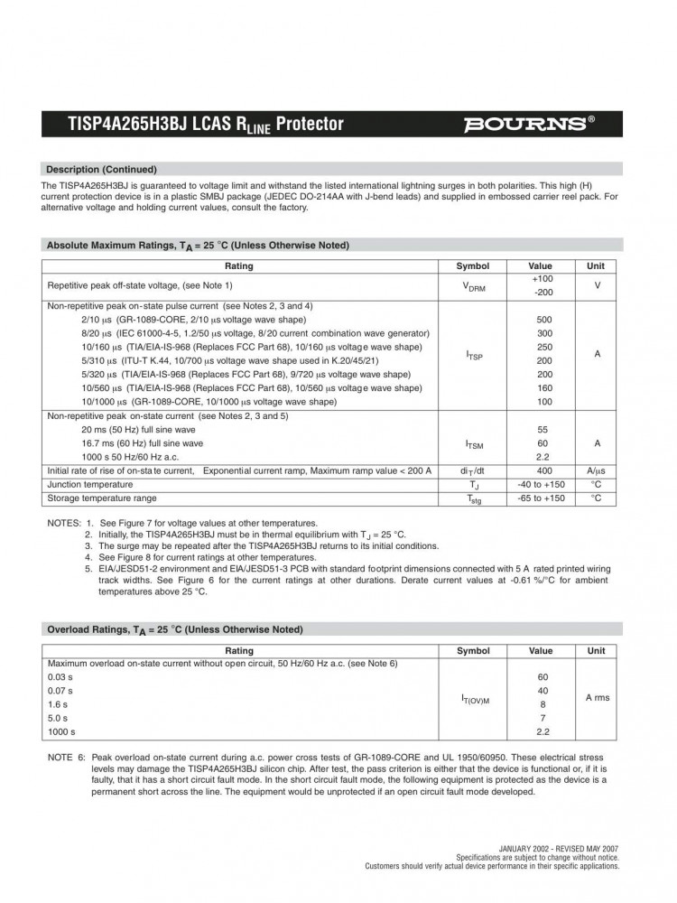TISP4A265H3BJ technical document page 2