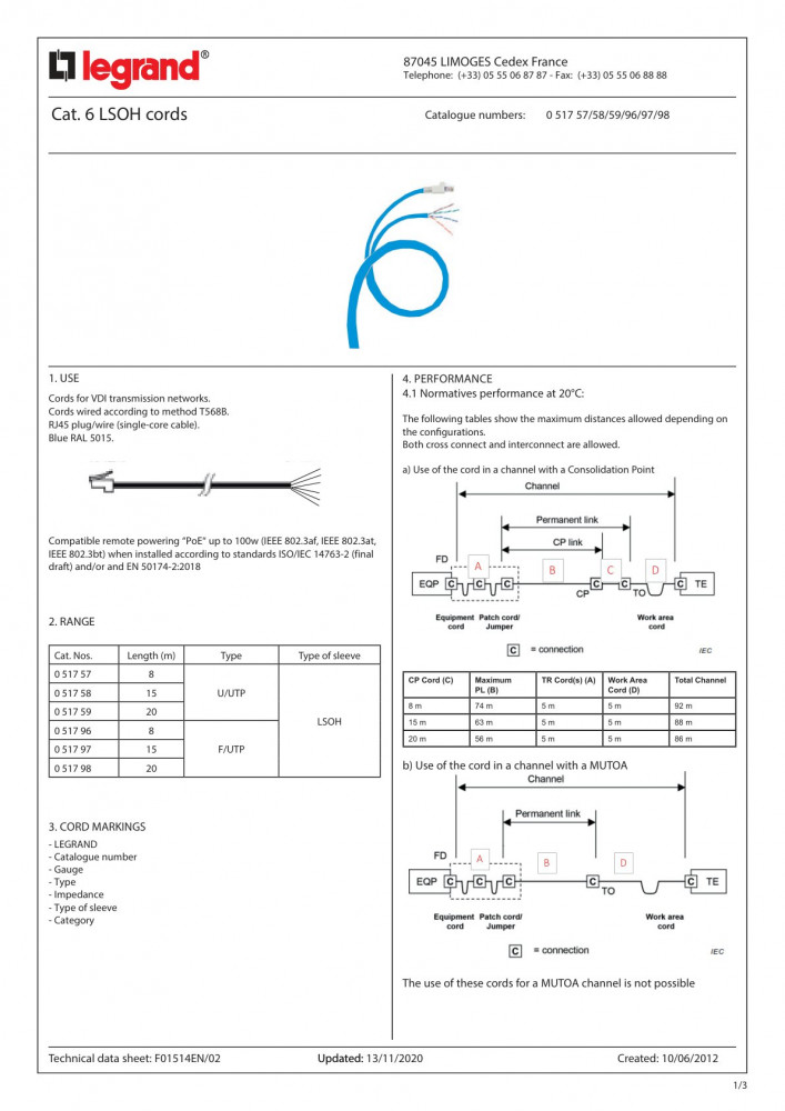 Legrand Cat. 6 LSOH cord documentation, page 1