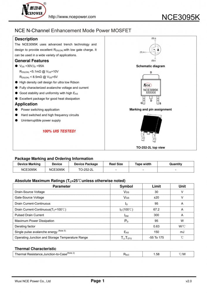 NCE3095K datasheet page 1