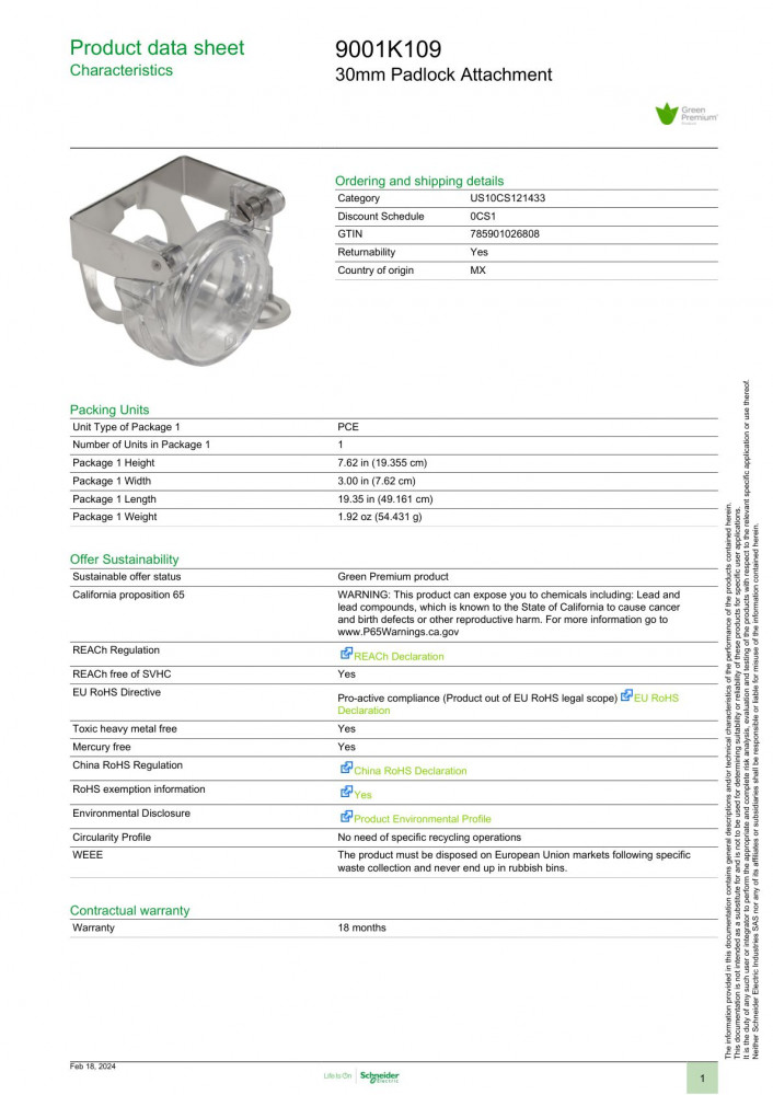 Schneider 9001K109 technical document preview