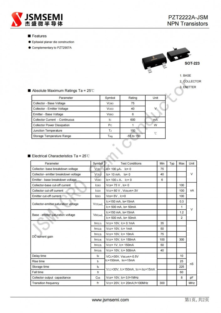 PZT2222A-JSM datasheet page 1