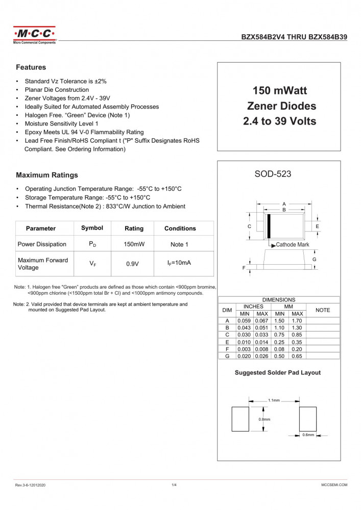MCC BZX584B series datasheet page 1
