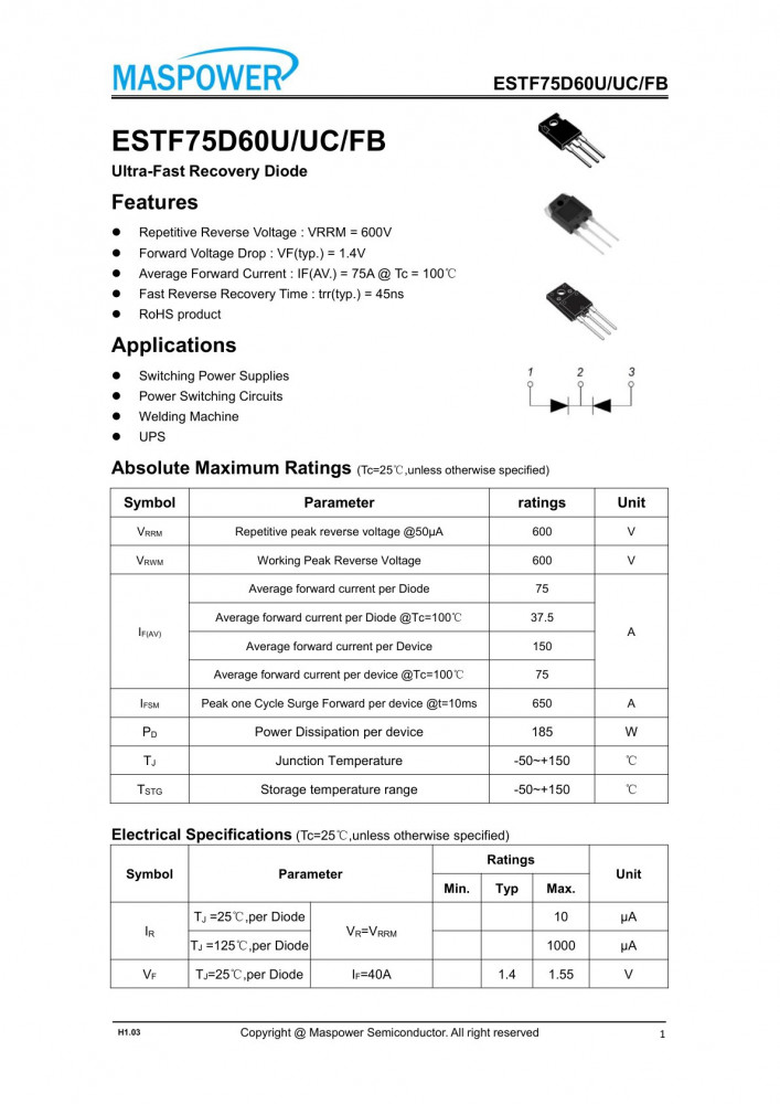 ESTF75D60FB datasheet page 1