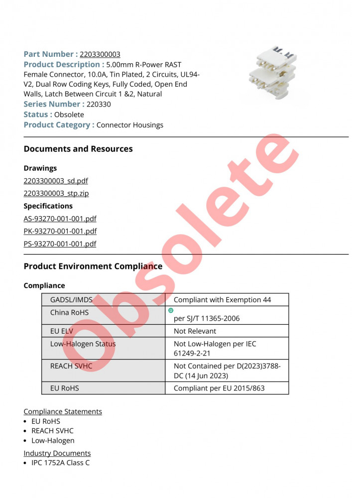 MOLEX 2203300003 technical document page 1