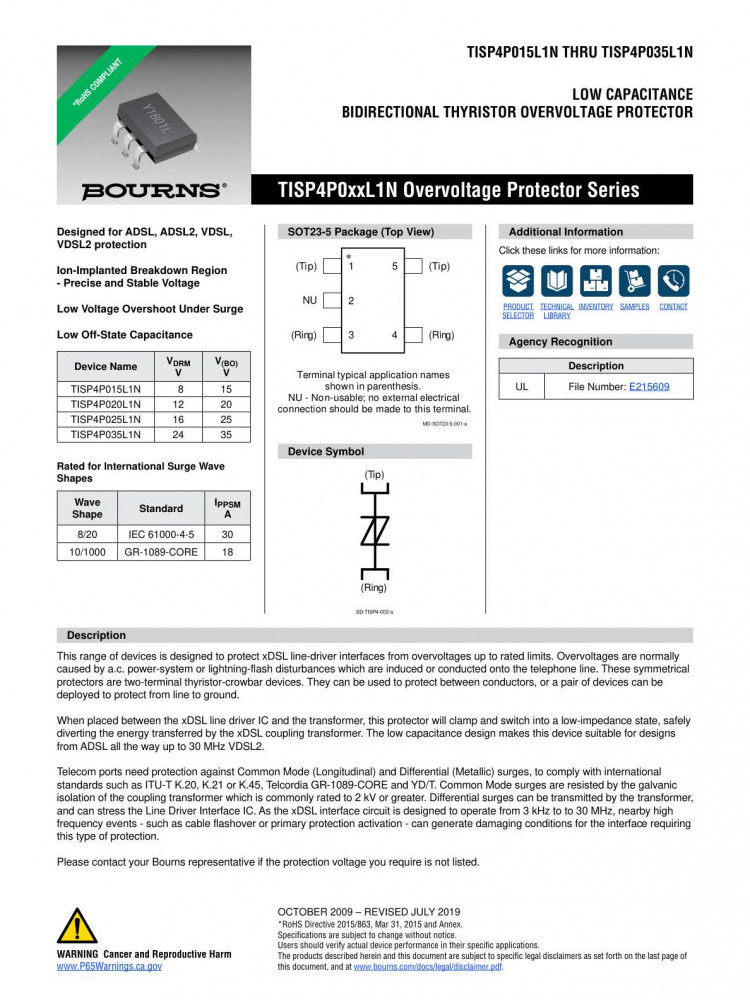 TISP4P015L1N datasheet page 1