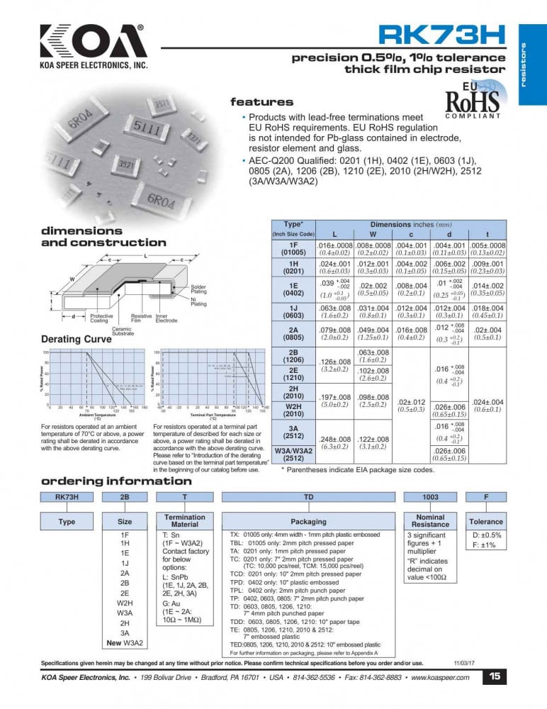 KOA RK73H series datasheet page 1