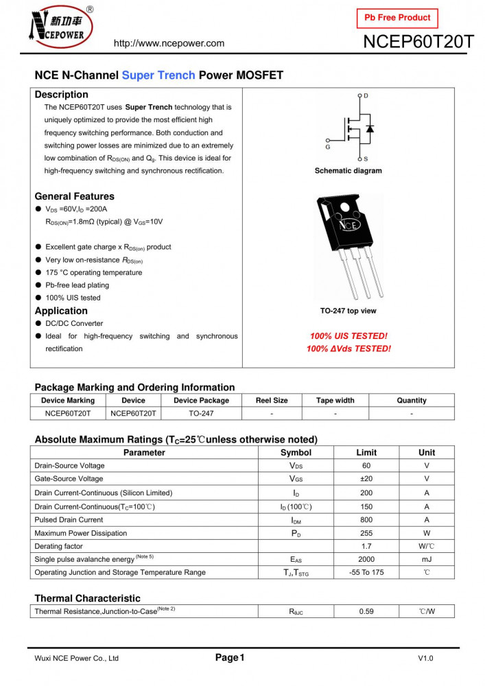 NCEP60T20T datasheet page 1