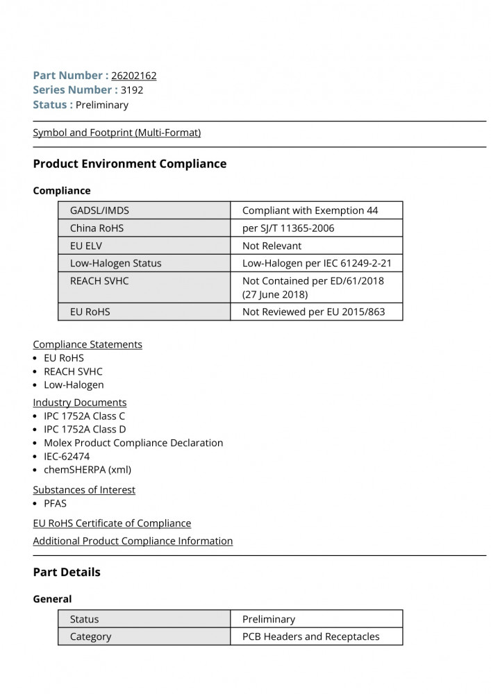 Product document image 1 for MOLEX 26202162