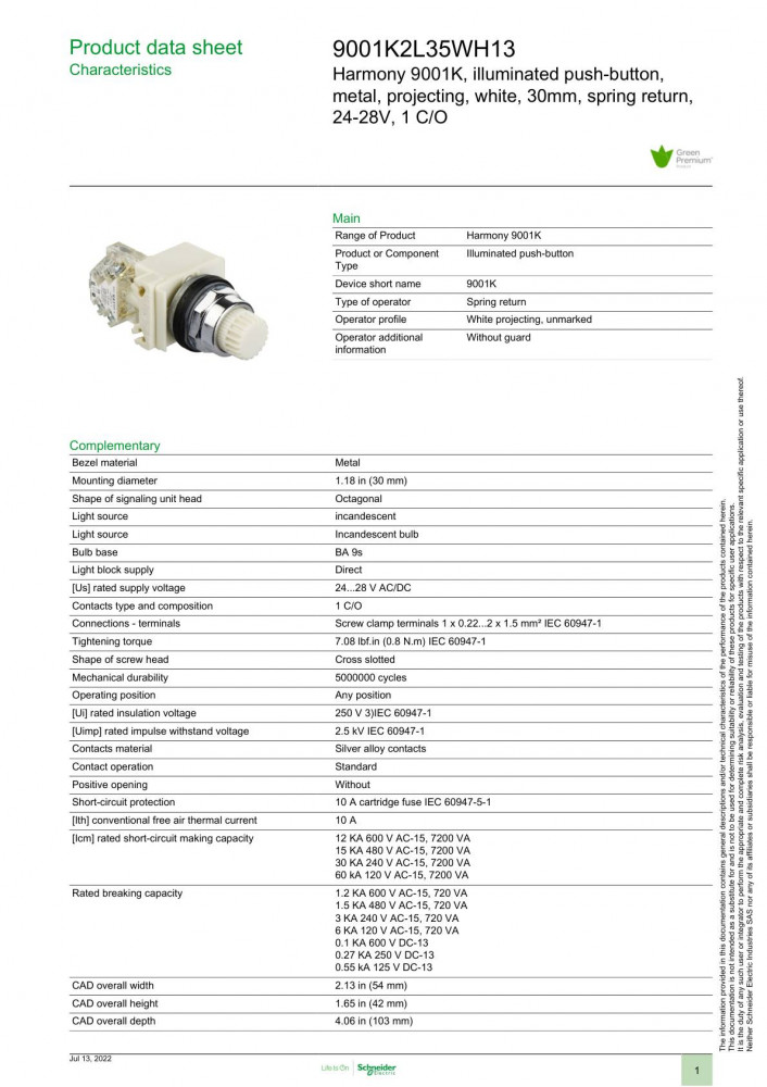 9001K2L35WH13 technical documentation page 1