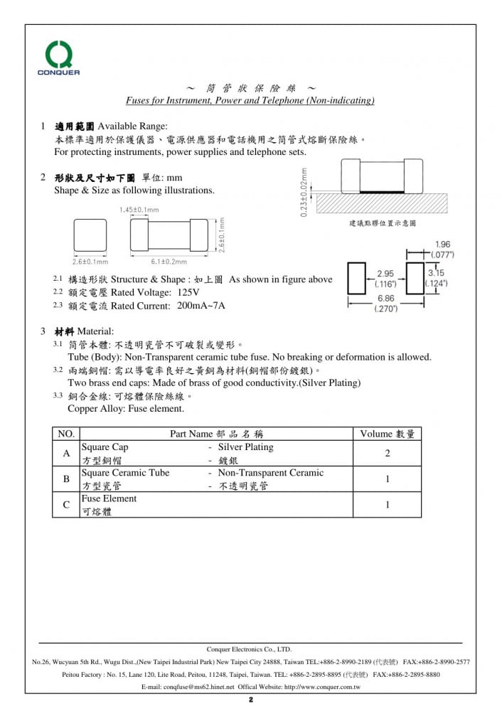 CONQUER SET specification page 3